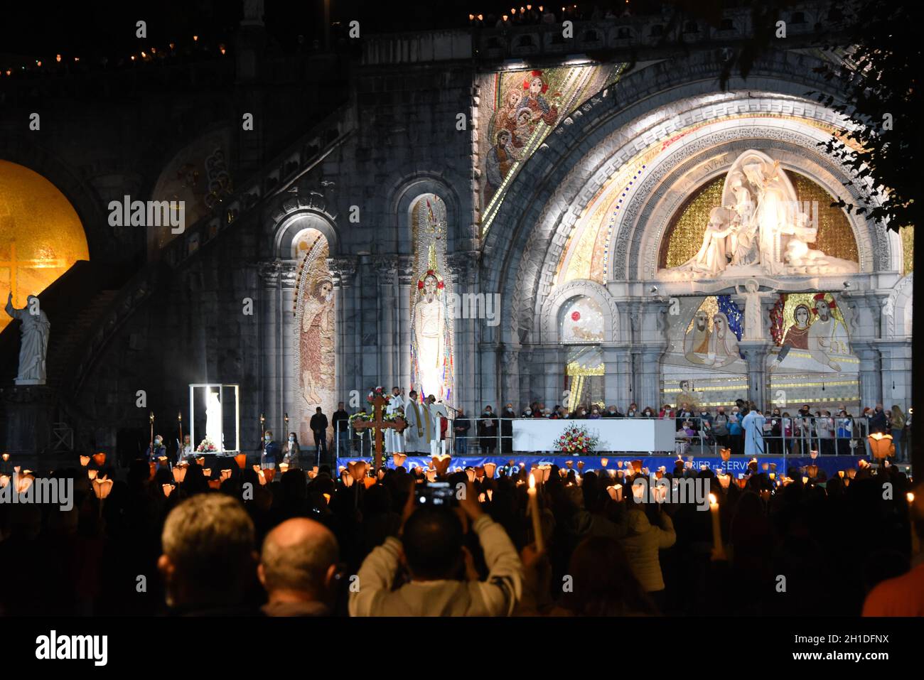 Lourdes, France - 9 Oct 2021: Pilgrims attend the Marian Torchlight ...