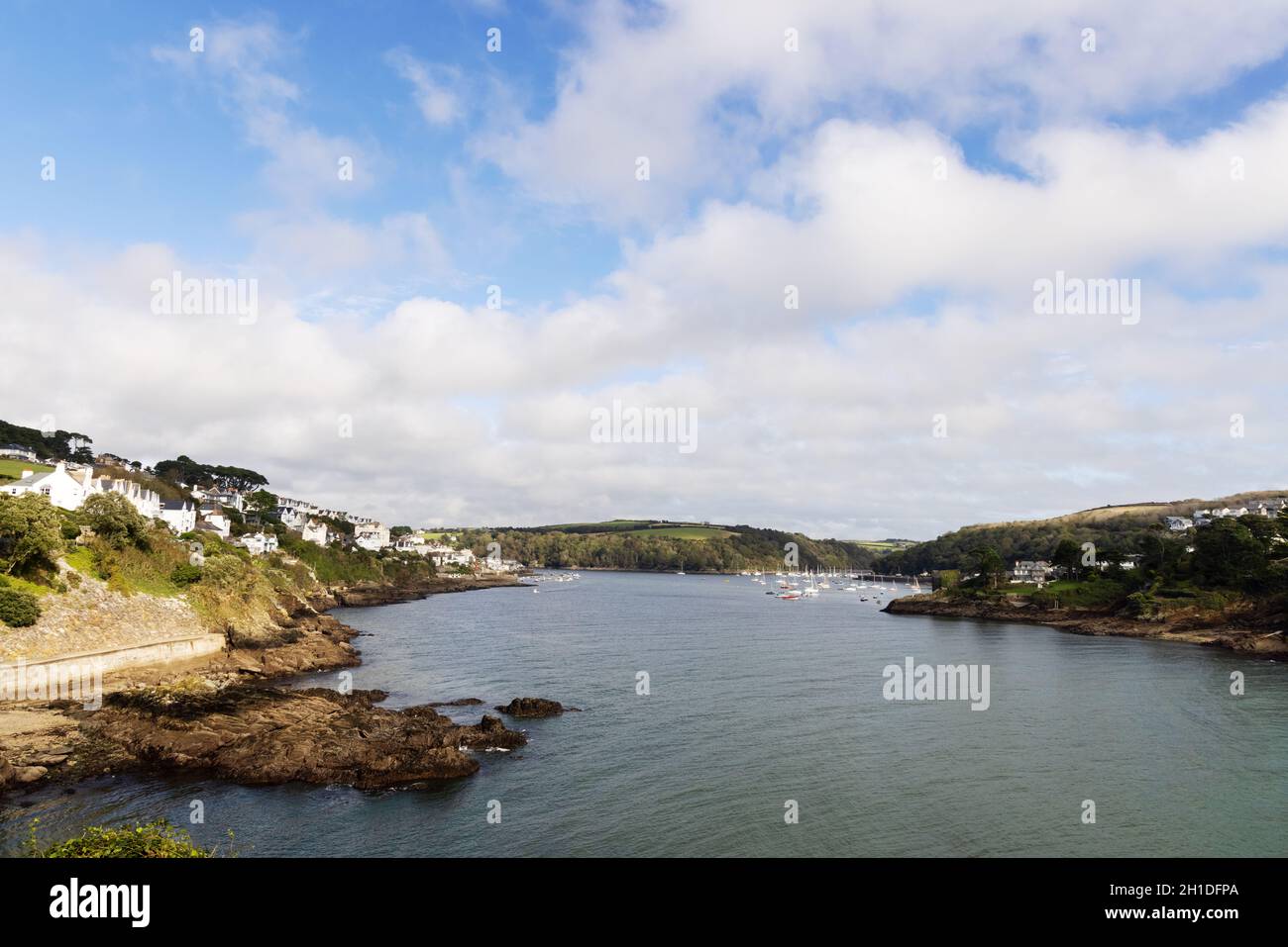 Cornwall landscape; Cornwall coast at Fowey, River Fowey estuary, with ...