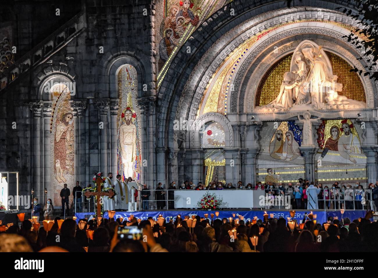 Lourdes, France - 9 Oct 2021: Pilgrims attend the Marian Torchlight ...