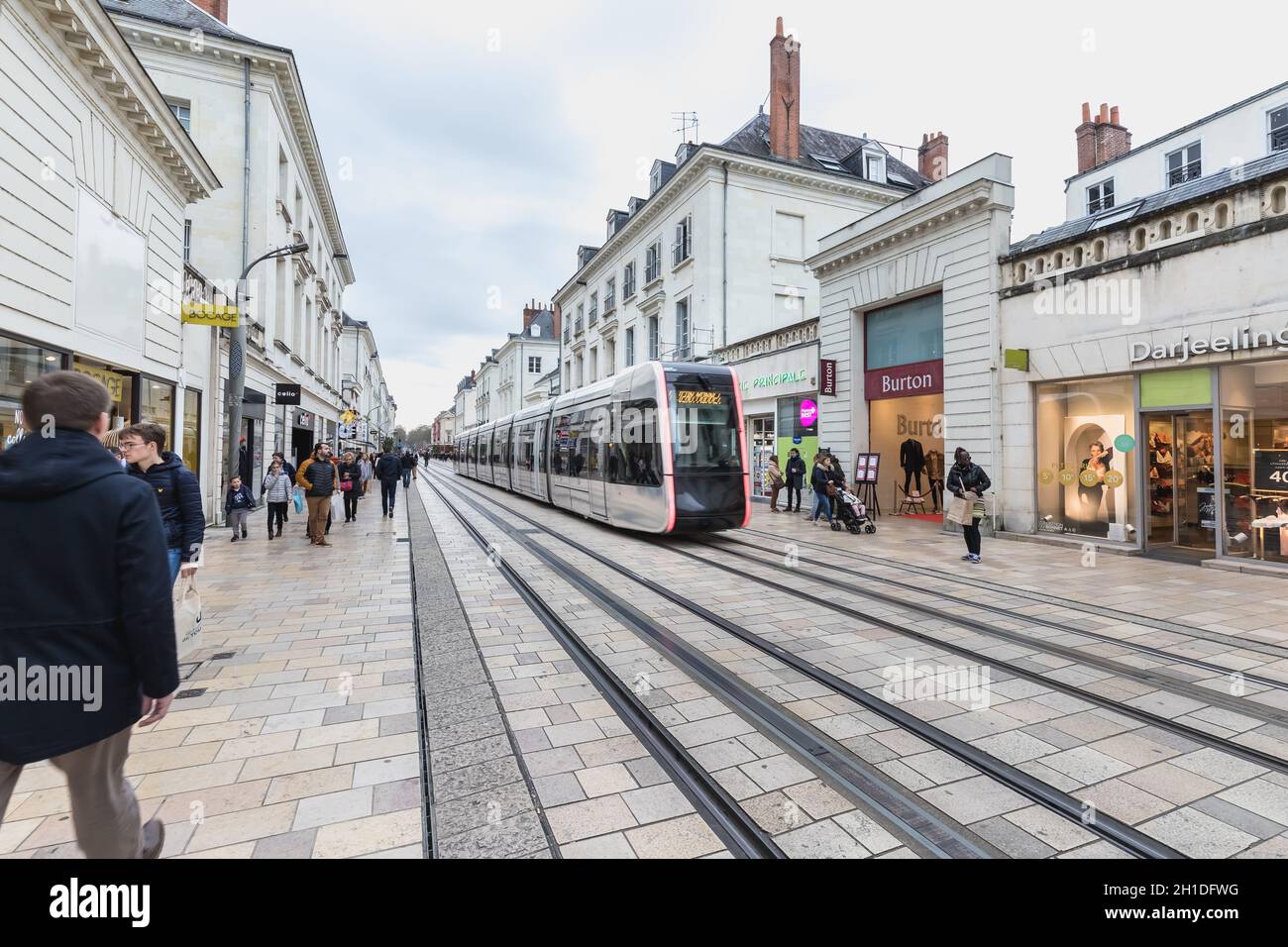 Tours, France - February 8, 2020: Electric tram rolling in a pedestrian ...