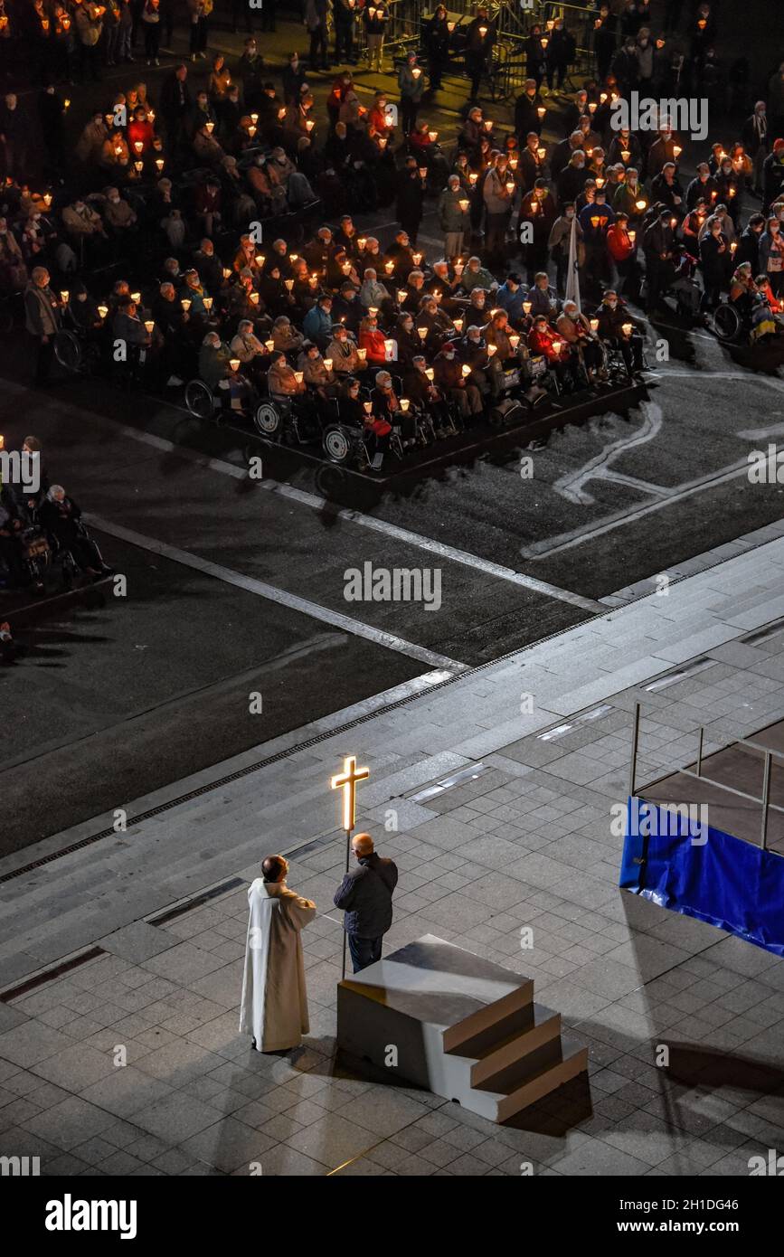 Lourdes, France - 9 Oct 2021: Pilgrims attend the Marian Torchlight ...