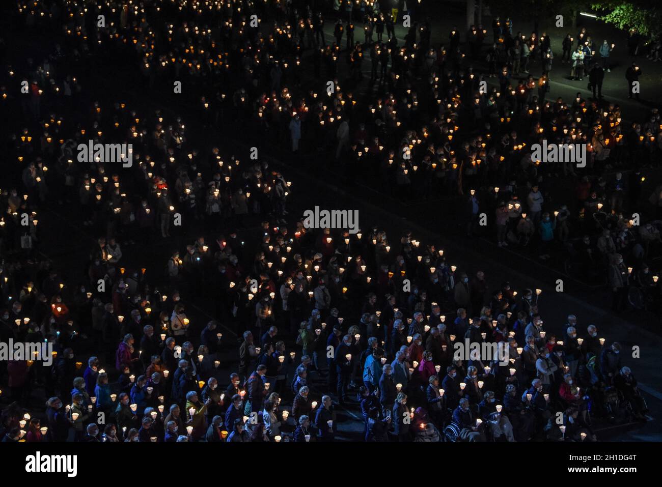 Lourdes, France - 9 Oct 2021: Pilgrims attend the Marian Torchlight ...