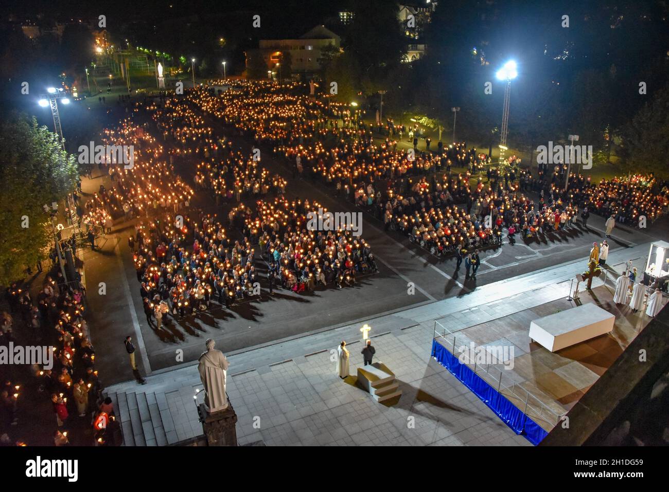 Lourdes, France - 9 Oct 2021: Pilgrims attend the Marian Torchlight ...