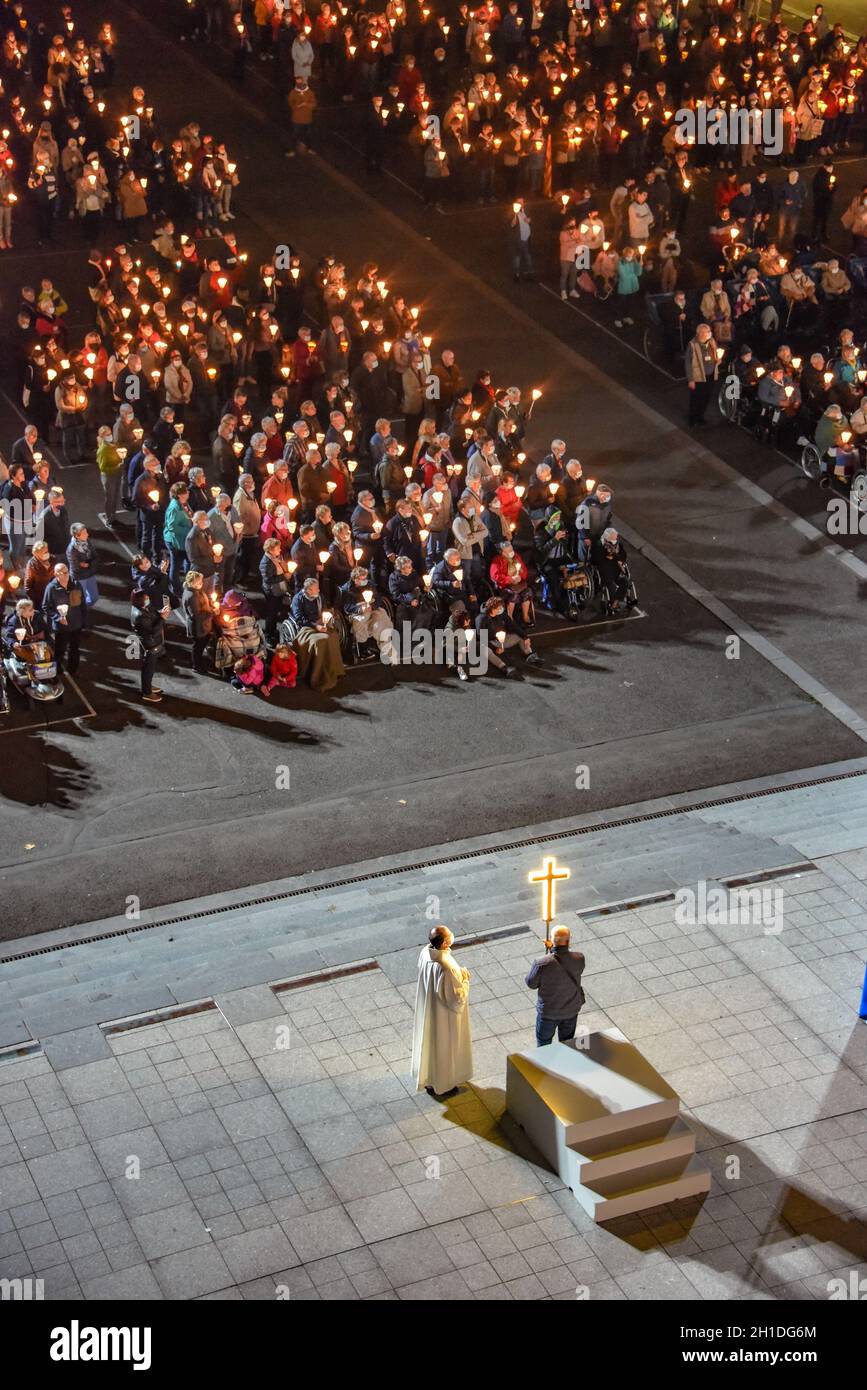 Lourdes, France - 9 Oct 2021: Pilgrims attend the Marian Torchlight ...