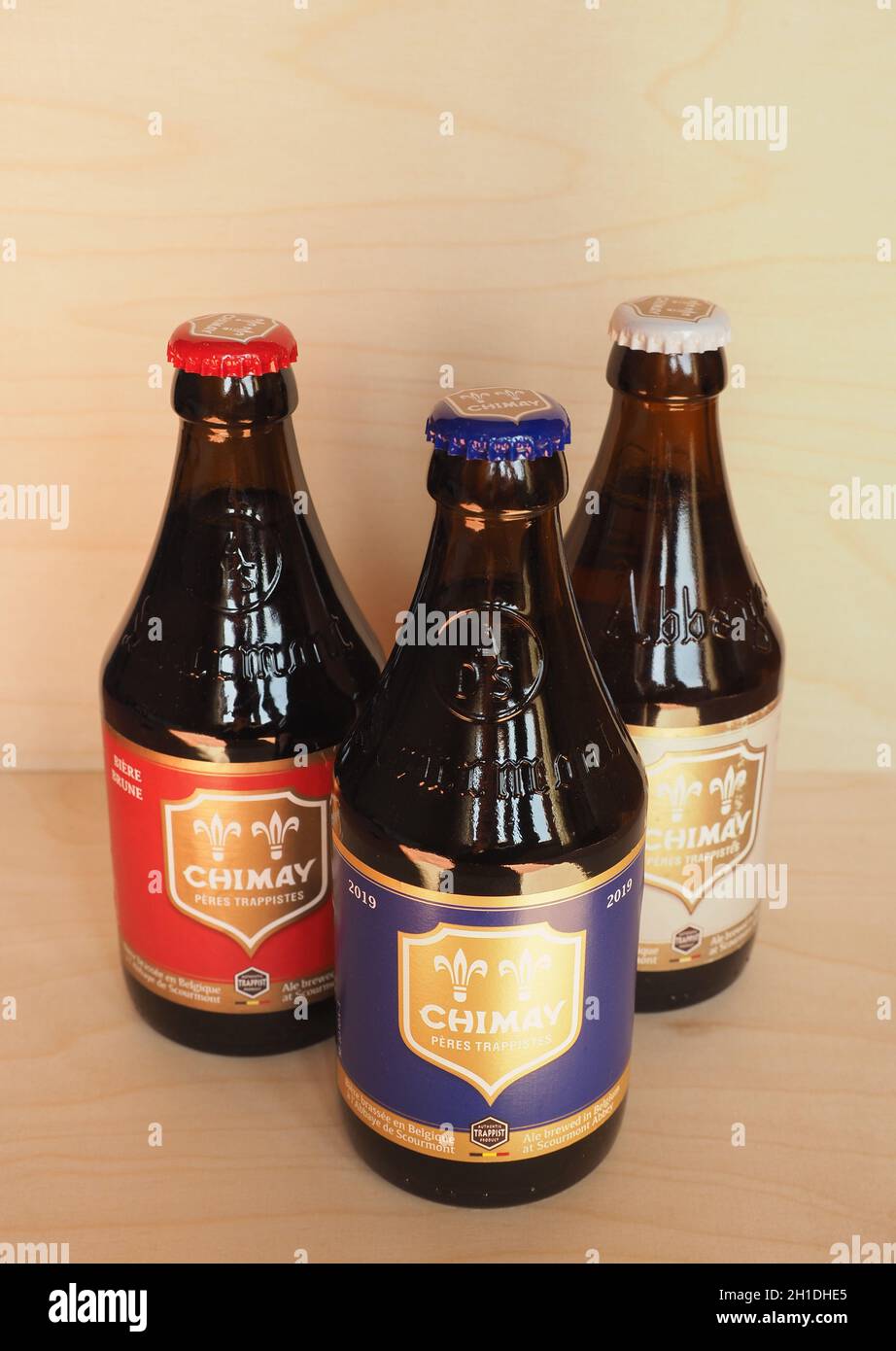 CHIMAY, BELGIUM - CIRCA APRIL 2020: Chimay blue red and white bottles ...