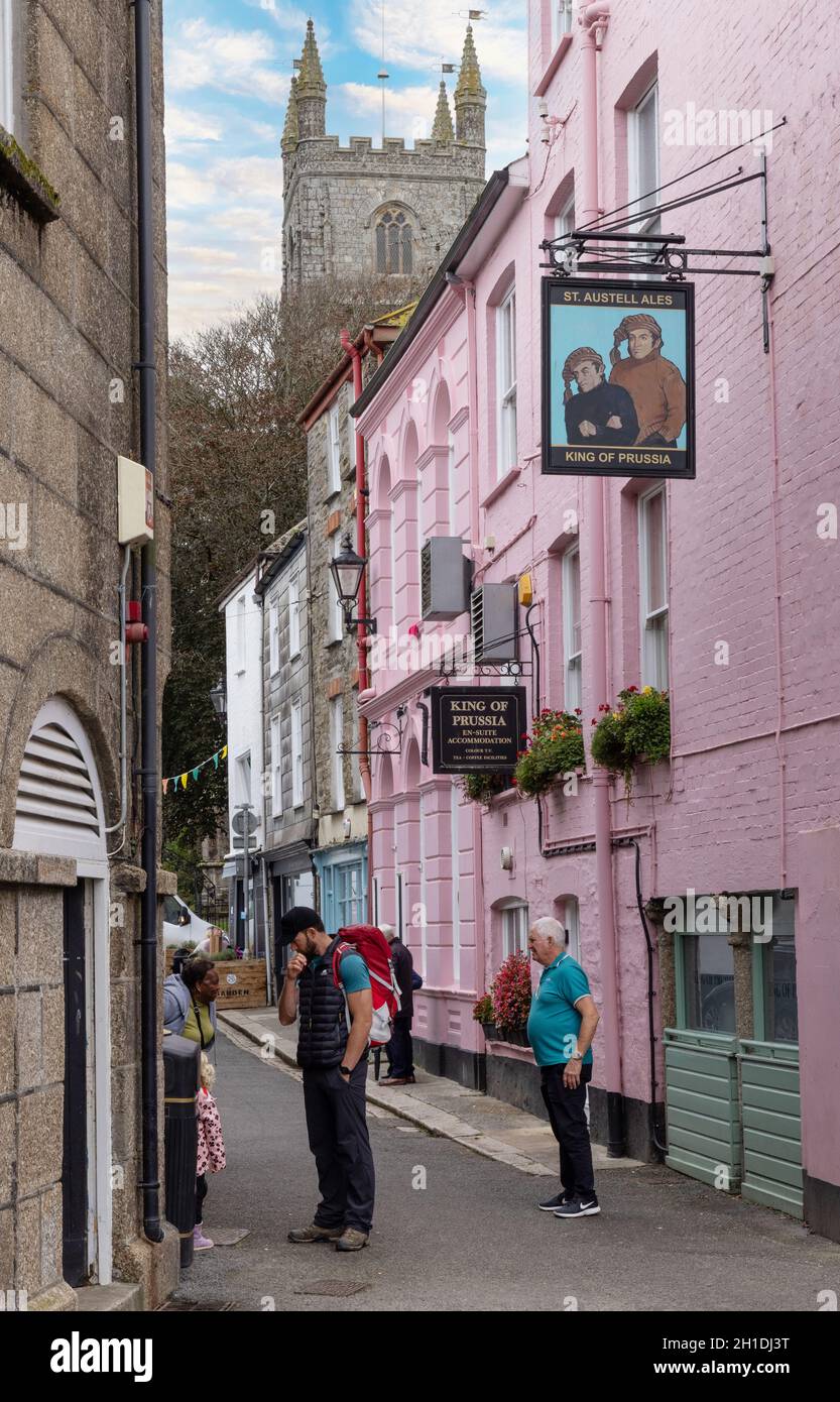 Fowey Cornwall street scene - people in the street on a summer evening ...