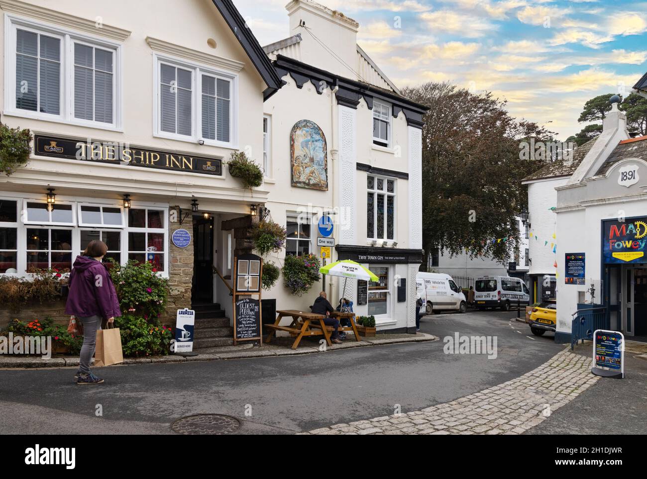 Fowey Cornwall; Fowey street scene with the Ship Inn and the Mechanical ...