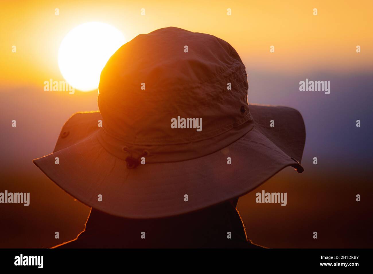 Back view of a man with explorer hat watching scenic sunset. Concept ...