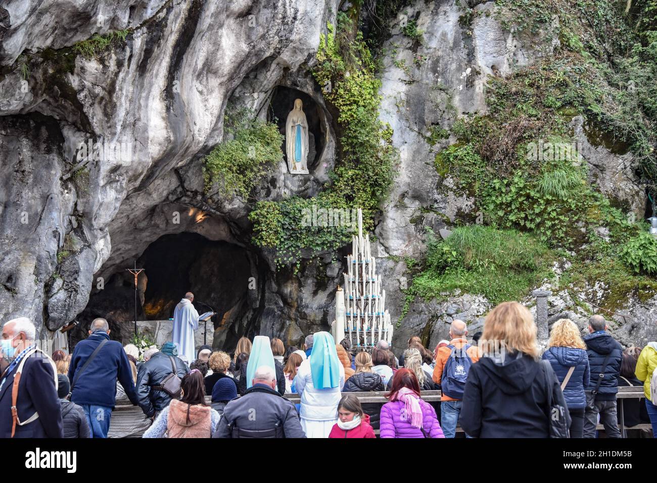 Lourdes, France - 9 Oct 2021: Catholic Pilgirms attend a mass services ...