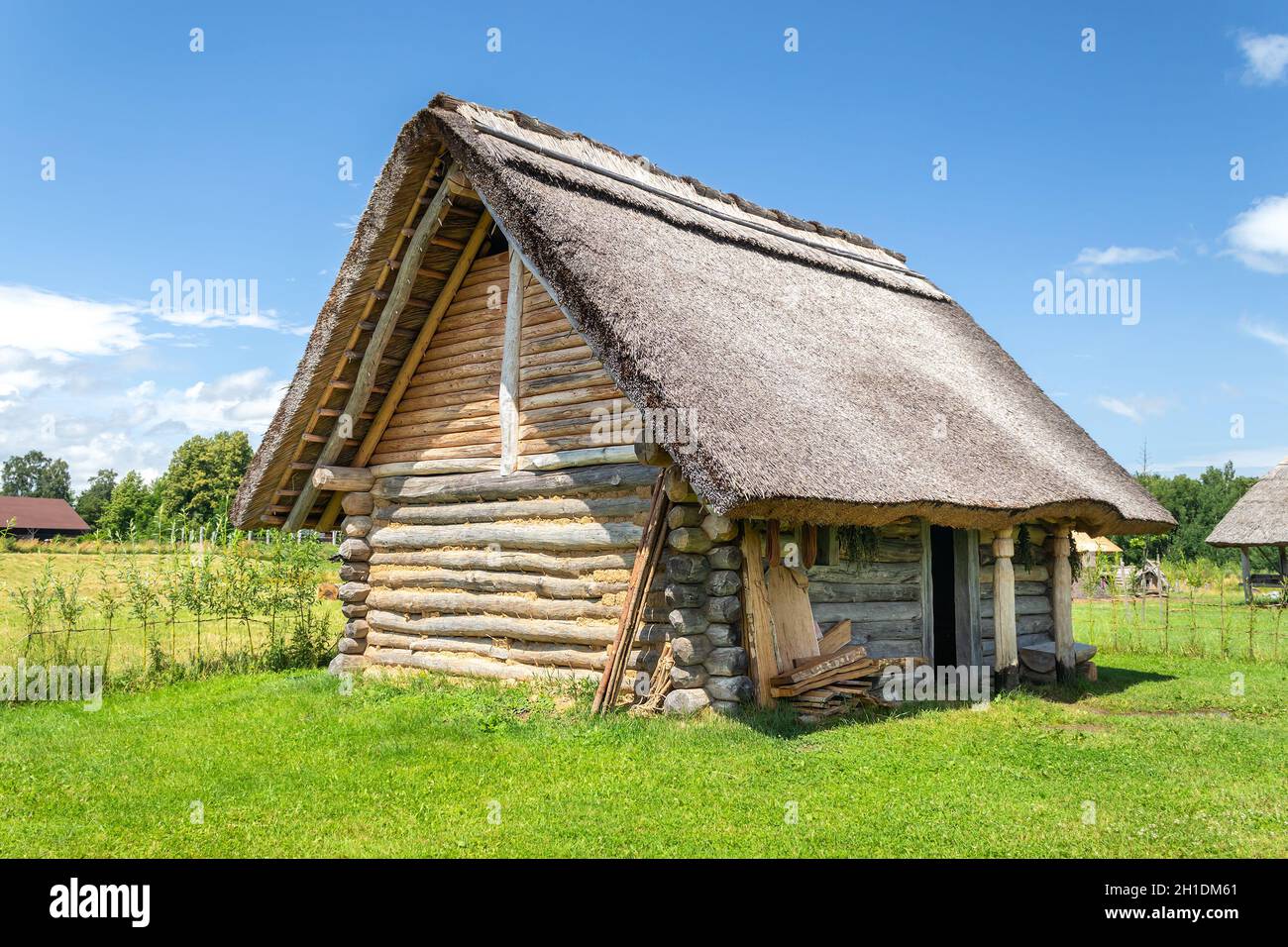 Celtic house with straw thatched roof at Celtic open air museum in ...