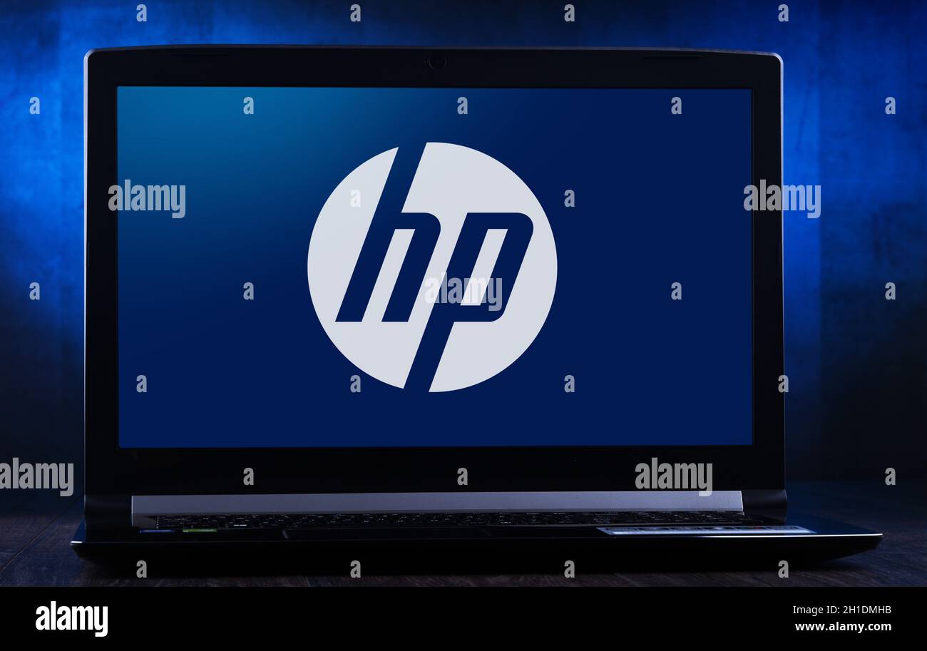 POZNAN, POL - APR 3, 2020: Laptop computer displaying logo of HP, a ...