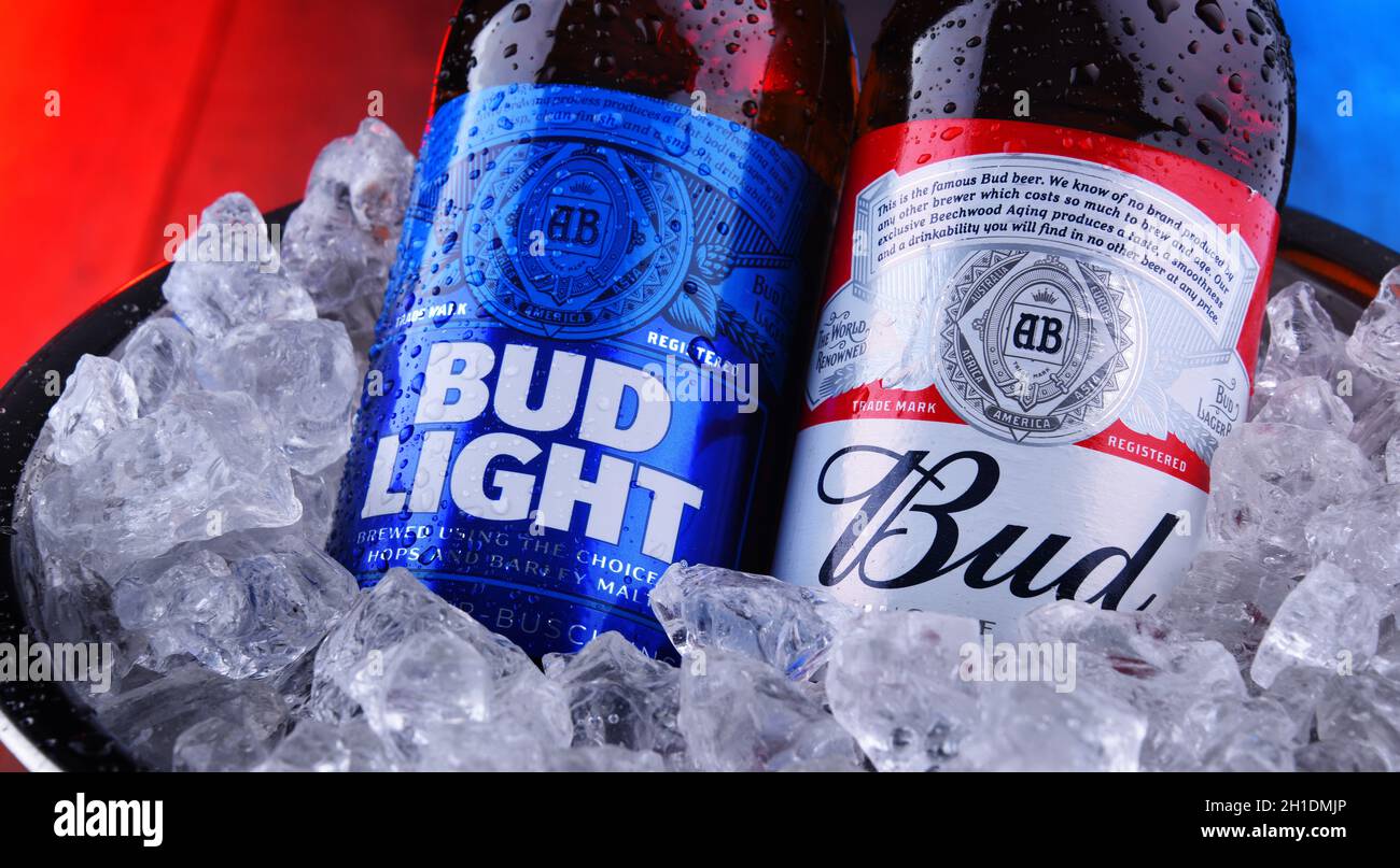 POZNAN, POL - APR 9, 2020: Bottles of Bud and Bud Light, popular ...