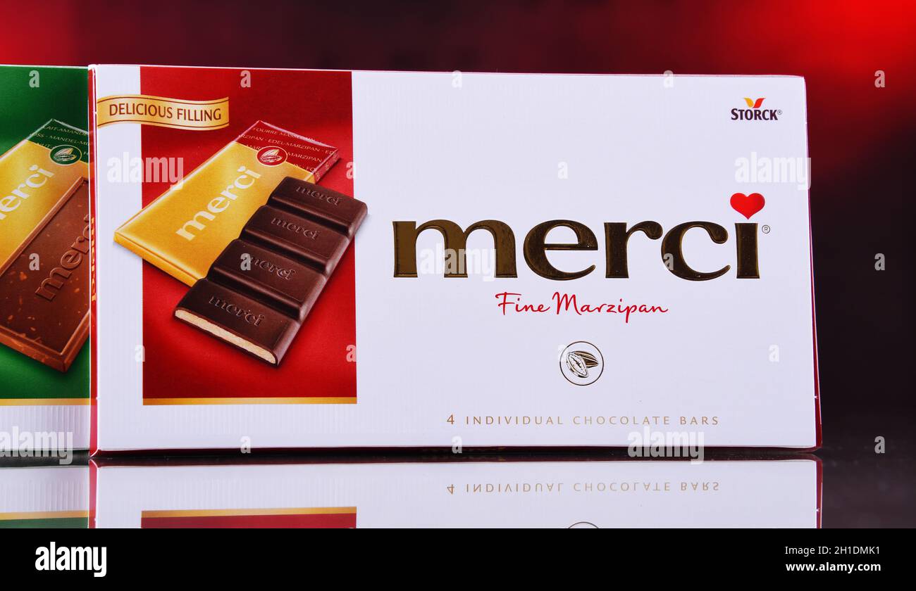 POZNAN, POL - APR 7, 2020: Box of Merci, a brand of European chocolate ...