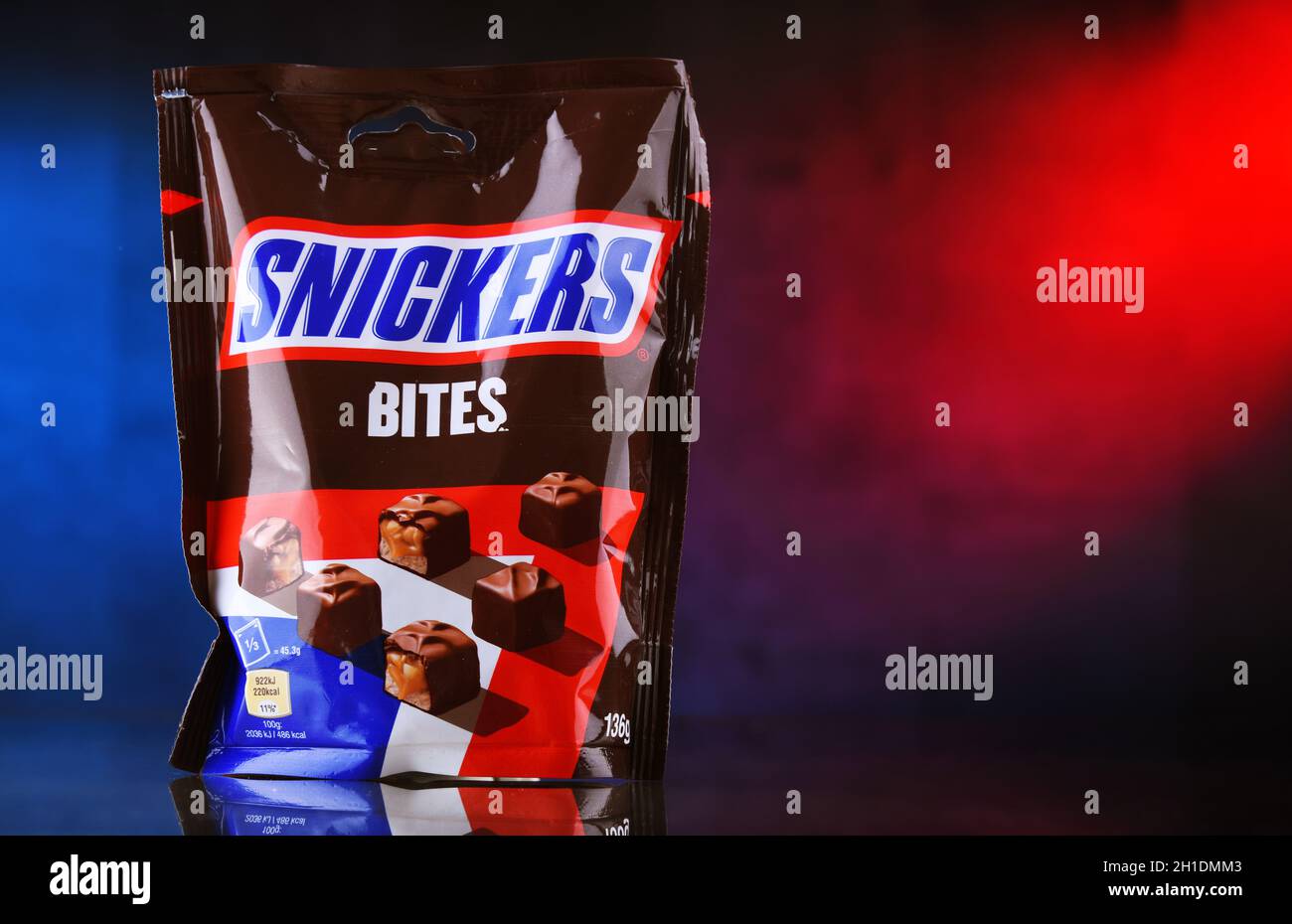 POZNAN, POL - APR 7, 2020: Chocolate bars of Snickers, a brand name of ...