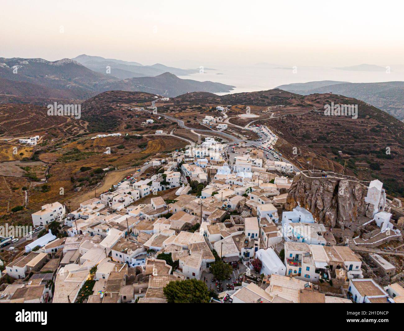 Aerial view of Greek Chora village on Amorgos island, Aegean Sea ...