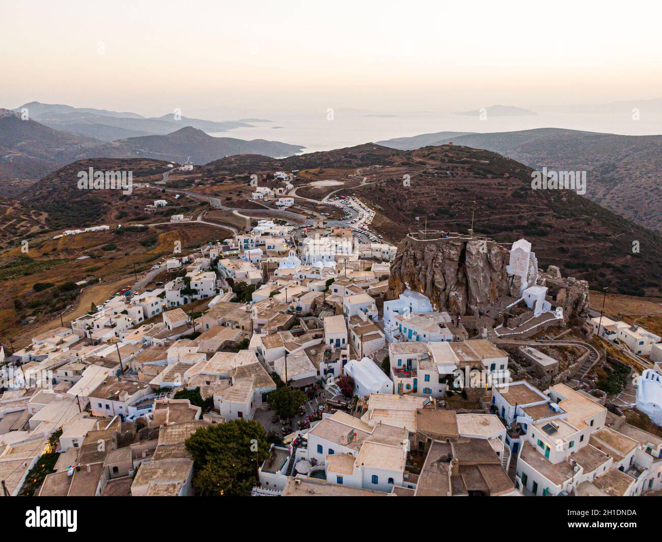 Aerial view of Greek Chora village on Amorgos island, Aegean Sea ...