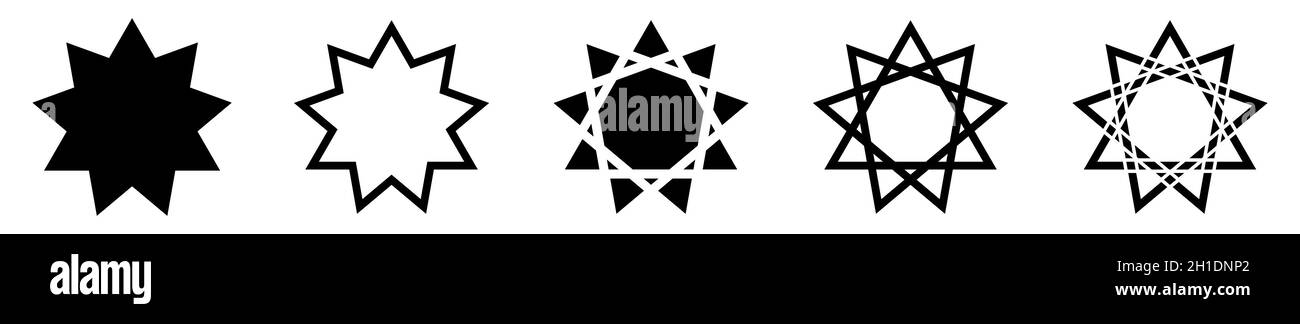Bahai star. Black linear Baha'i symbols set. Religious symbol of ...