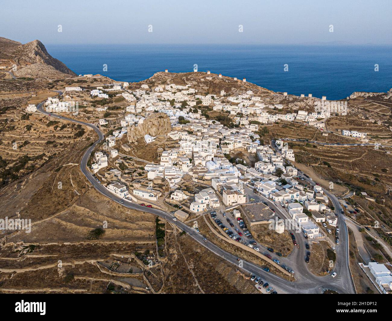 Aerial view of Greek Chora village on Amorgos island, Aegean Sea ...