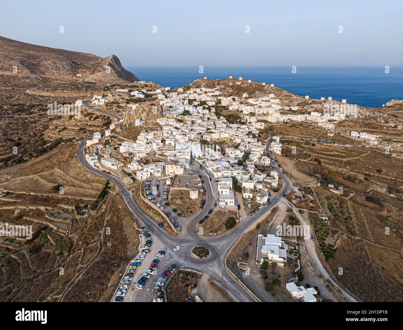 Aerial view of Greek Chora village on Amorgos island, Aegean Sea ...