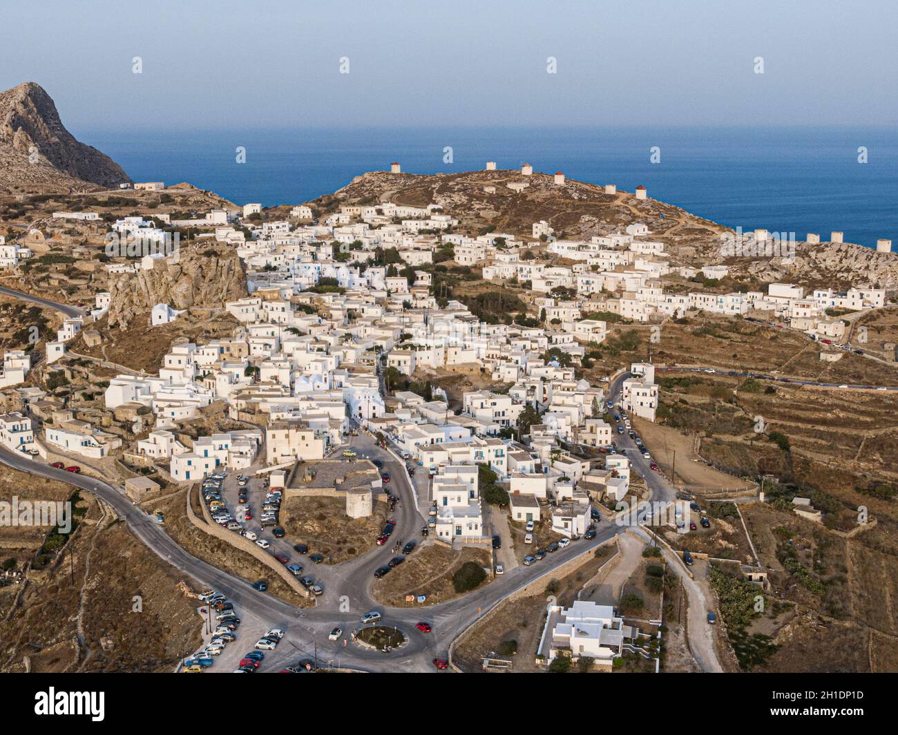 Aerial view of Greek Chora village on Amorgos island, Aegean Sea ...