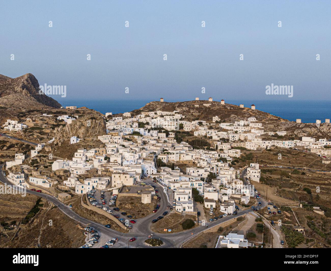 Aerial view of Greek Chora village on Amorgos island, Aegean Sea ...