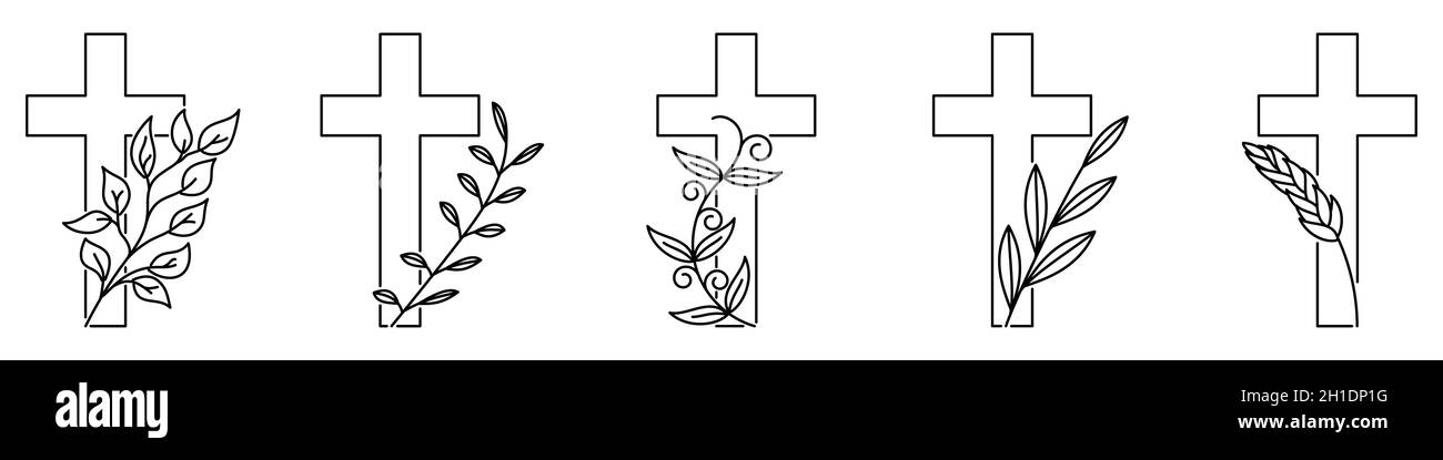Christian cross with plant. Cross with flowers. Linear design of ...