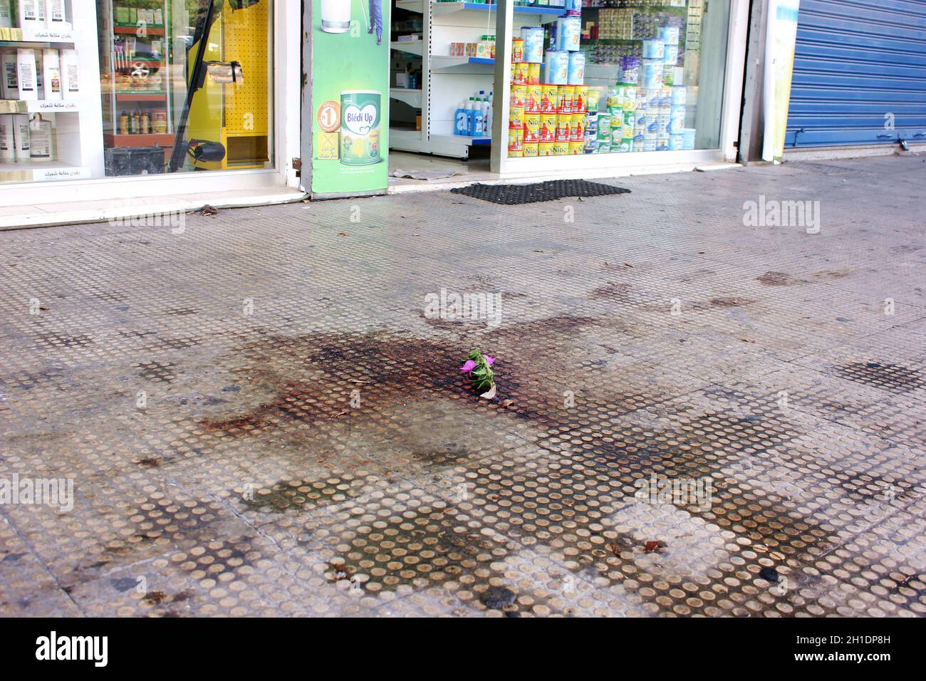 Beirut, Lebanon. 17th Oct, 2021. Sidewalk stained with the blood of a ...