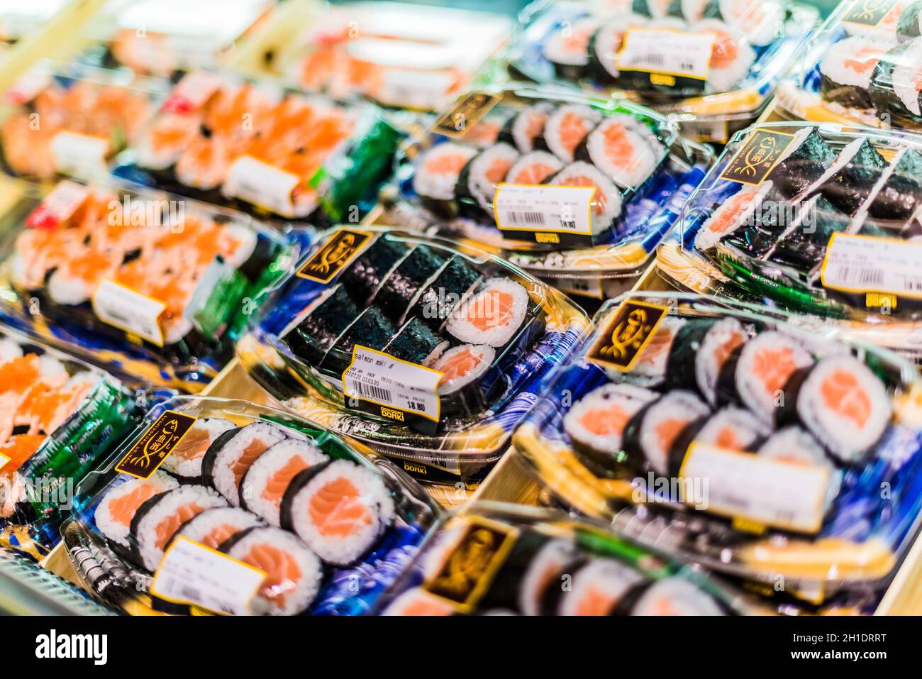 SINGAPORE - MAR 3, 2020: Prepackaged ready-to-eat sushi put up for sale ...