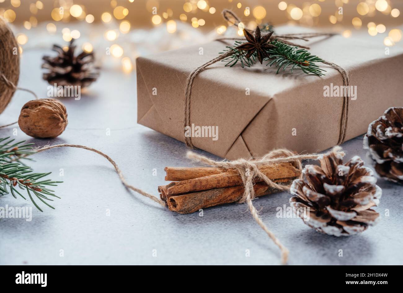 Packaging of Christmas gifts with eco friendly natural materials, pine ...