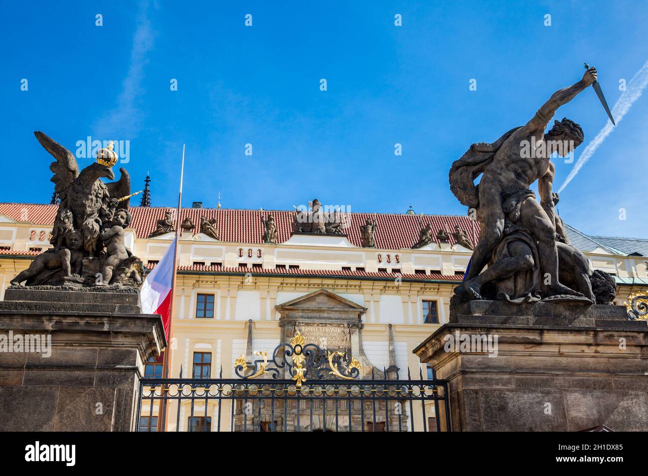 Statues at the entrance of the 9th century Prague Castle Stock Photo ...