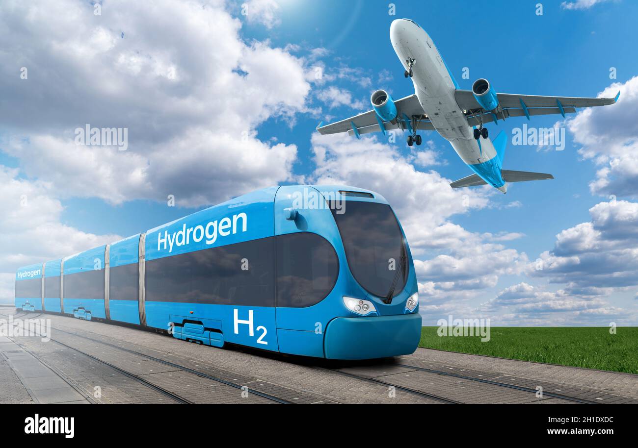A hydrogen fuel cell train and airplane. New energy sources Stock Photo ...