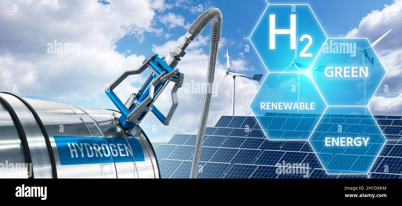 Hydrogen gas station with solar panels and wind turbines on the ...