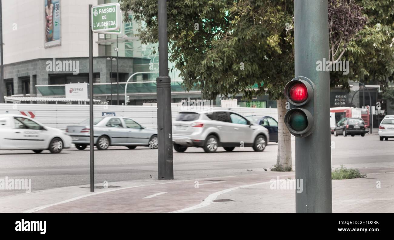 Valencia, Spain - June 16, 2017: Red traffic light in a traffic jam in ...