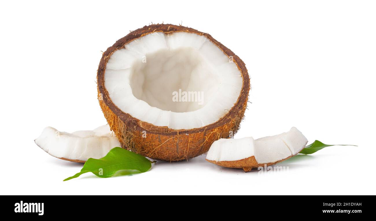 Cracked coconut with leaves isolated on white background Stock Photo ...