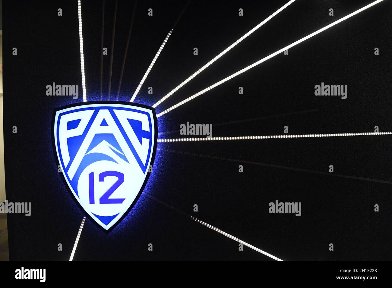 Logo of the Pac-12 displayed during Pac-12 women's basketball media day ...