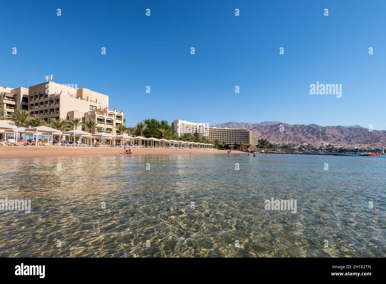 Aqaba, Jordan - November 6, 2017: People relaxing on the beach on the ...