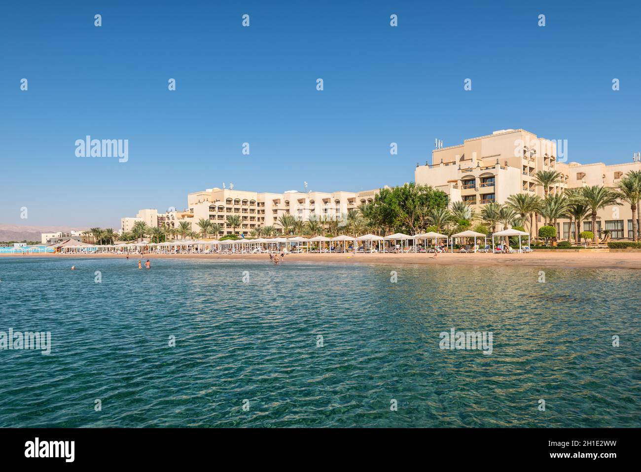 Aqaba, Jordan - November 6, 2017: People relaxing on the beach on the ...