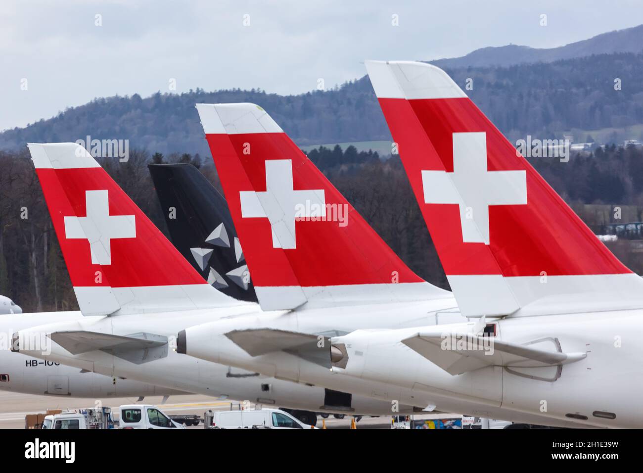 Zurich, Switzerland – February 10, 2020: Swiss Air Lines airplane tails ... Zurich, Switzerland – February 10, 2020: Swiss Air Lines airplane tails ...