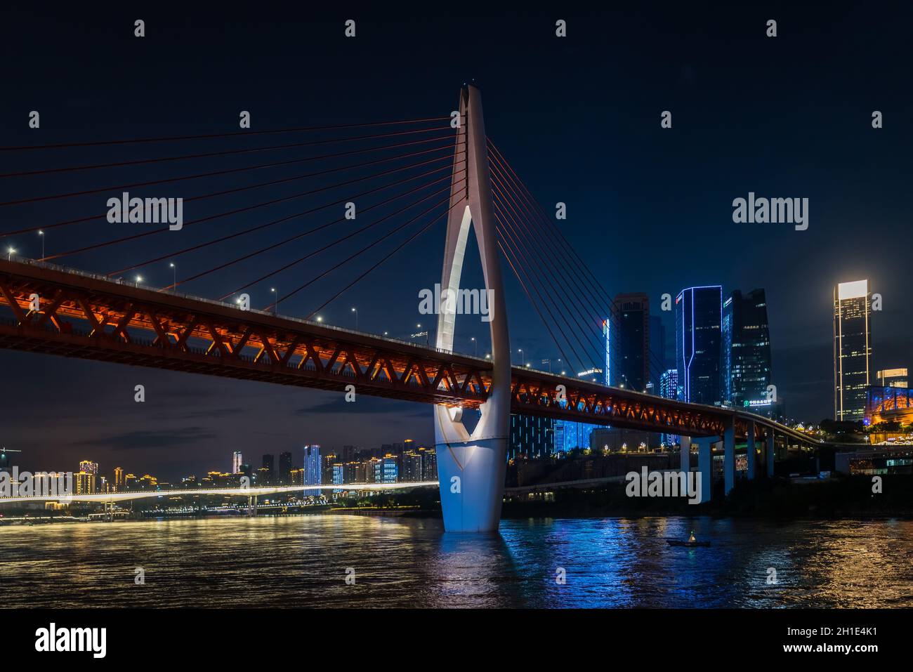 Chongqing, China - August 2019 : Illuminated DongShuiMen road bridge ...