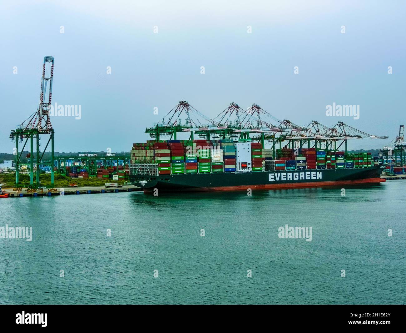 Colon, Panama - December 8, 2019: Evergreen container ship with full of ...