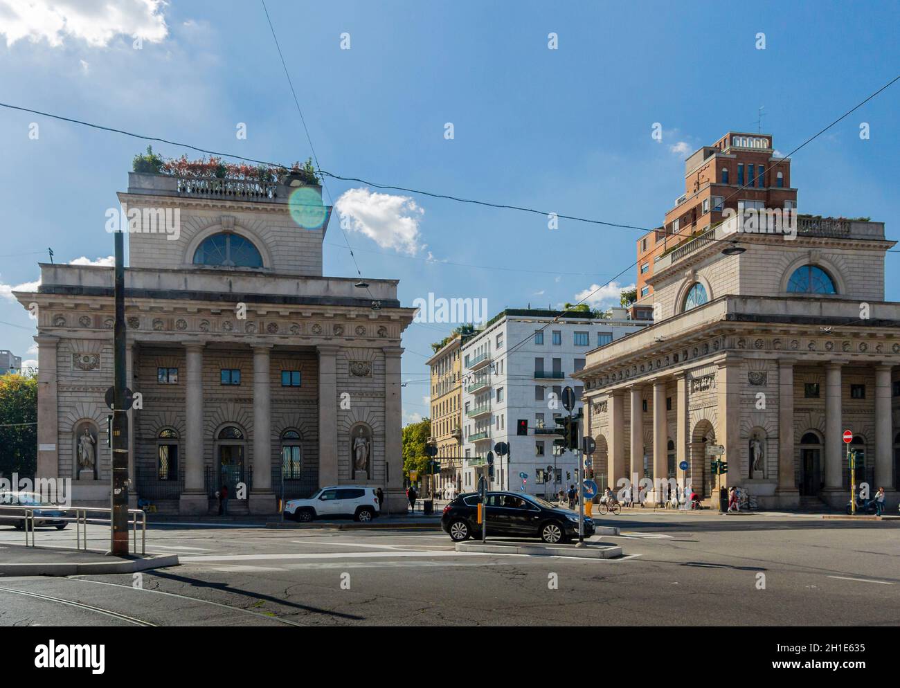 Street view of one of the ancient gateways to the city of Milan, Italy ...