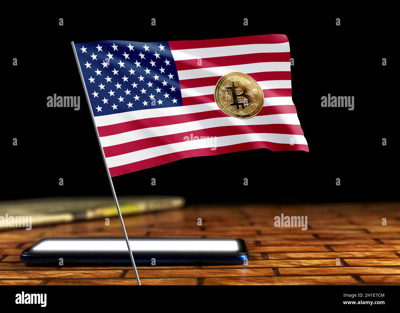 Illustration of the USA's flag with a bitcoin sign and a device with a ...