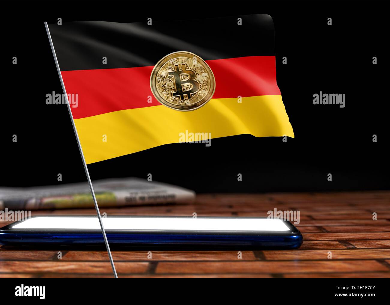 Illustration of Germany's flag with a bitcoin sign and a device with a ...