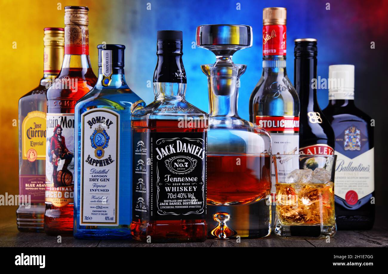 POZNAN, POL - APR 16, 2020: Bottles of assorted global hard liquor ...