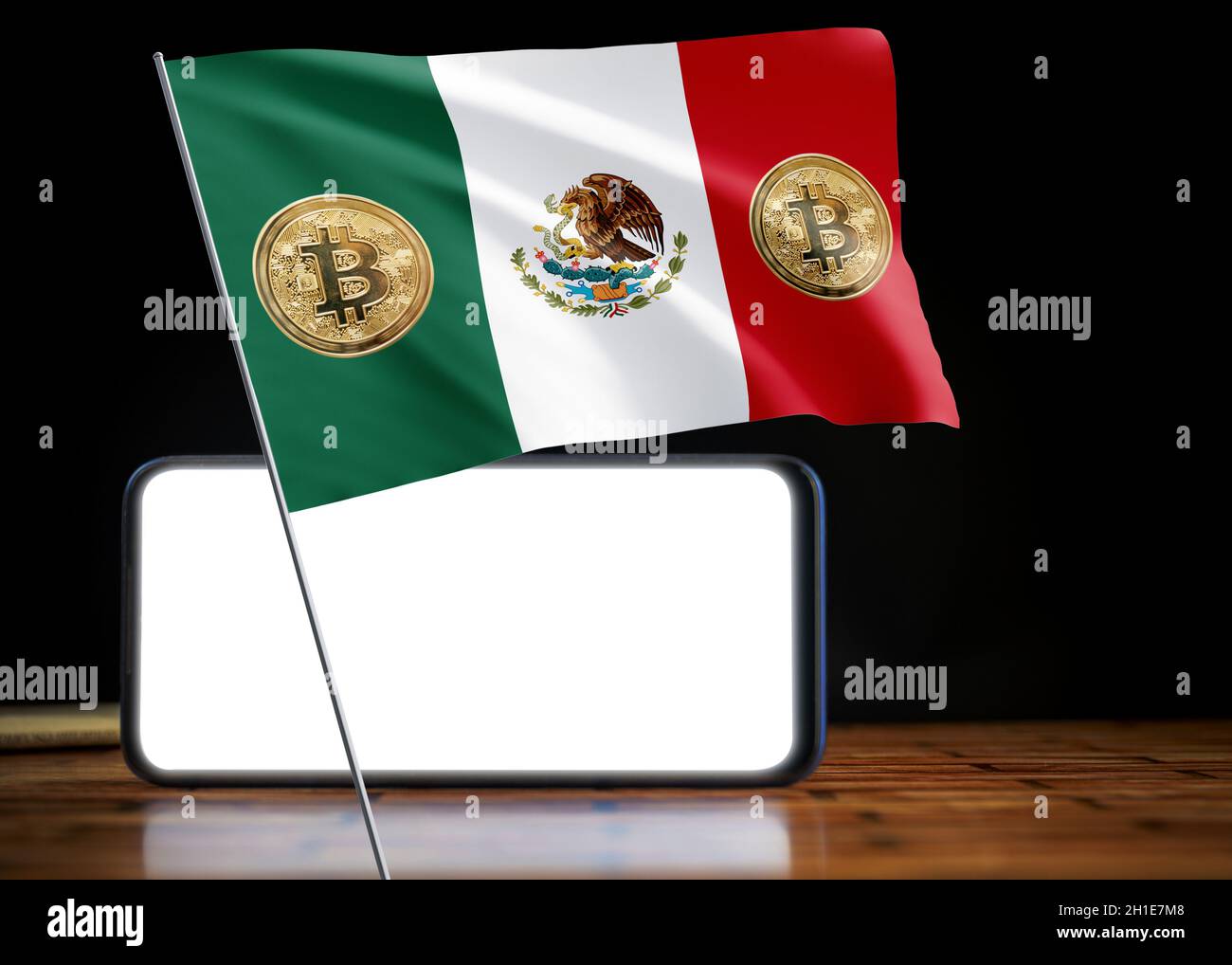 Illustration of Mexico's flag with a bitcoin sign and a device with a ...
