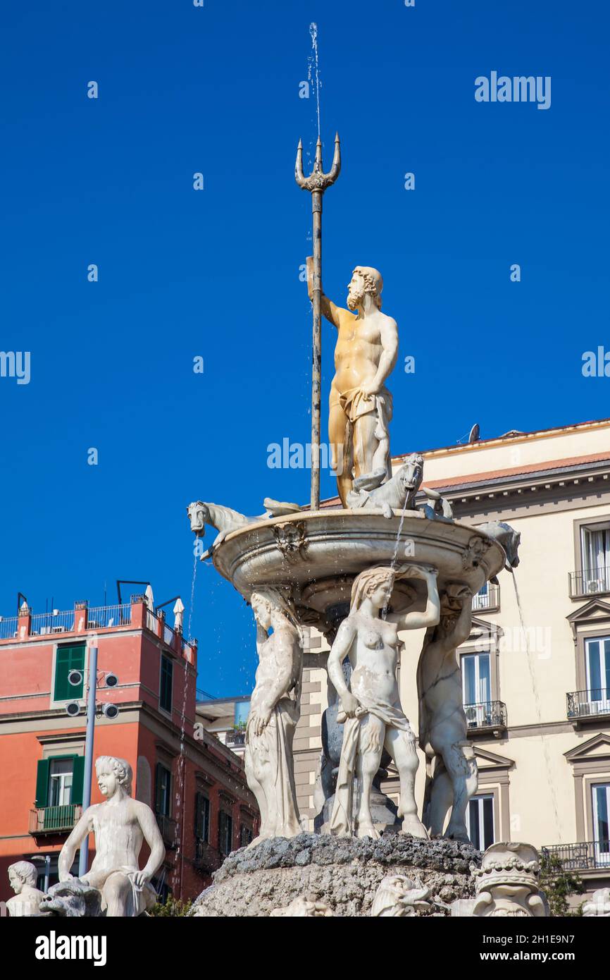 The famous Fountain of Neptune located at Municipio square in Naples ...