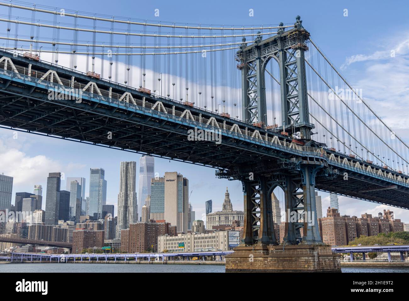A view of the Manhattan skyline from the East River in New York City ...