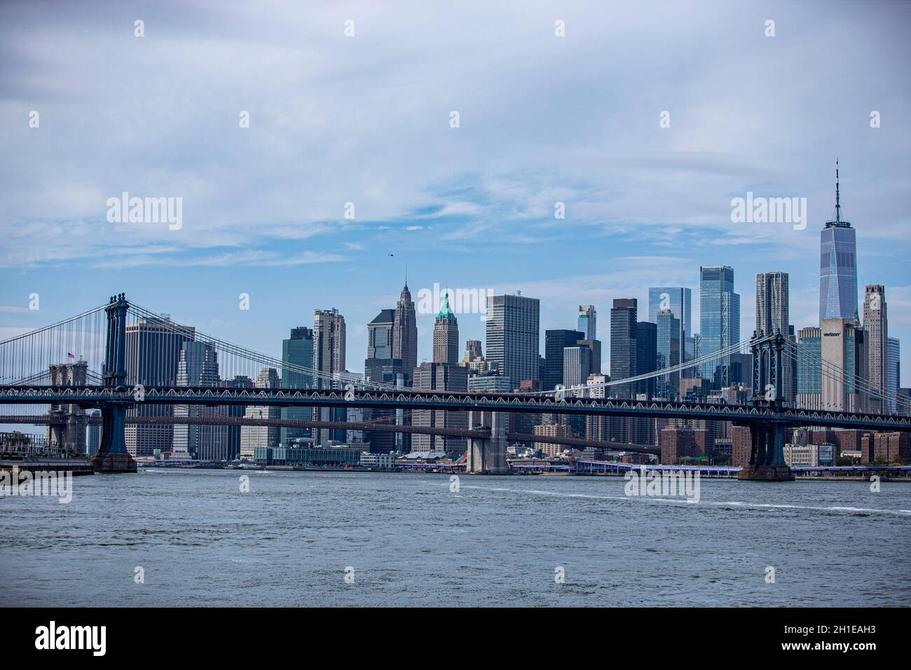 A view of the Manhattan skyline from the East River in New York City ...
