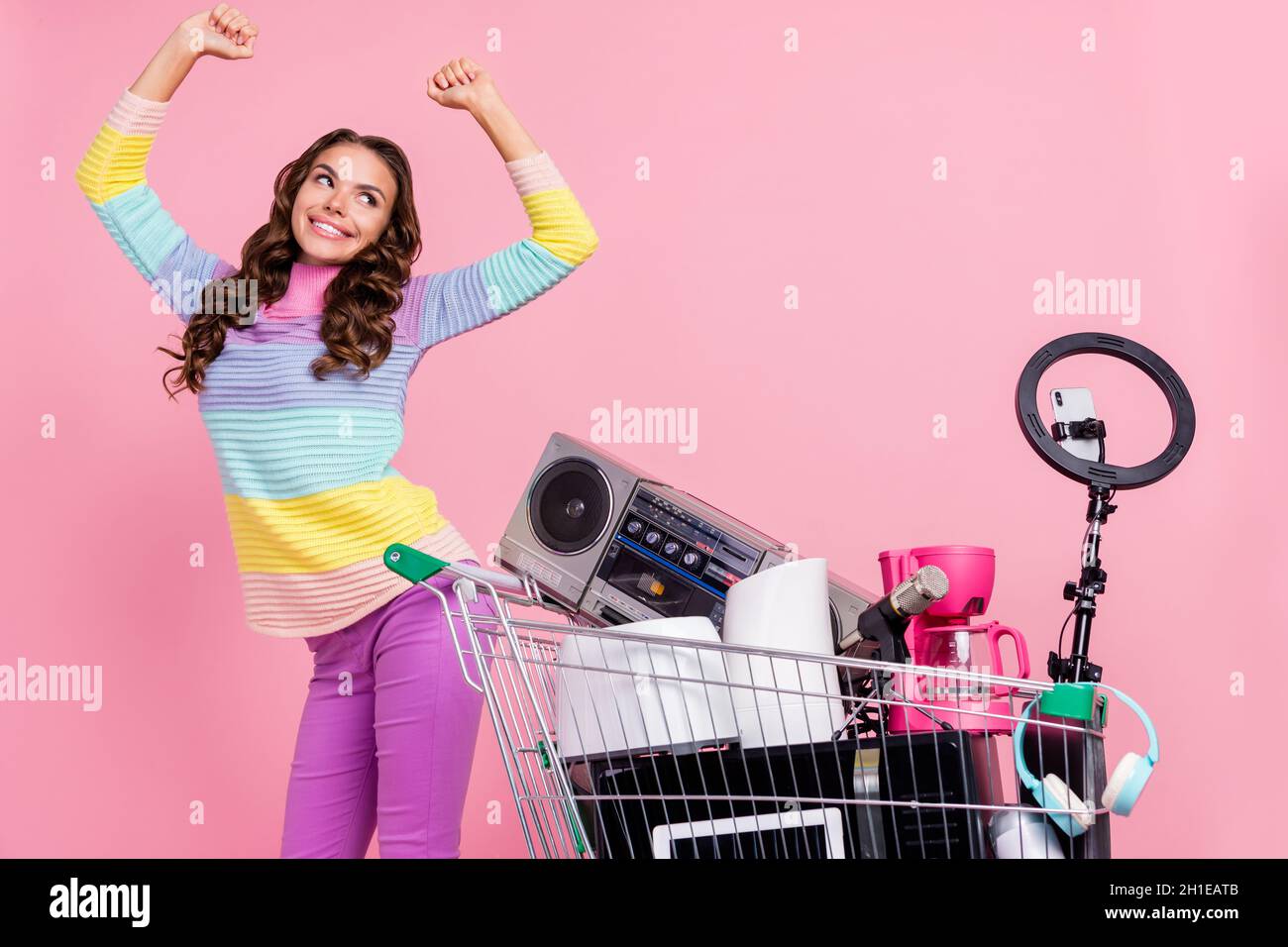 Photo of young lady rejoice victory sell online old-stuff blogger ...