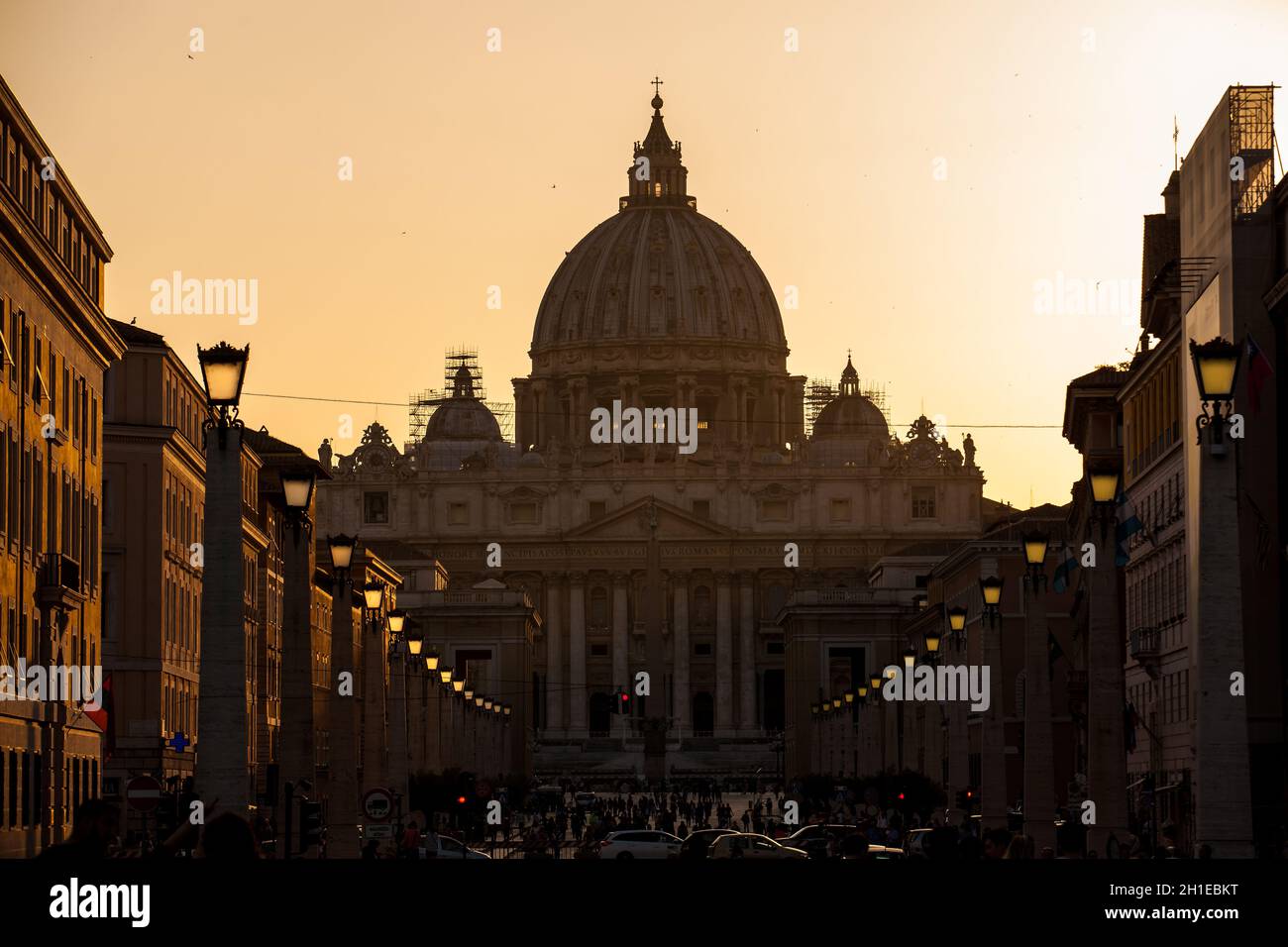 The sunset falls over the beautiful Constantinian Basilica of St. Peter ...